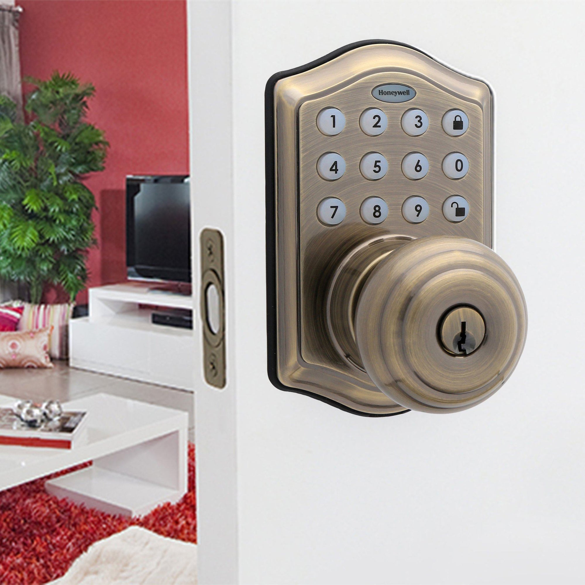 Honeywell 8732101 Electronic Entry Knob Door Lock with Keypad in Antiq ...